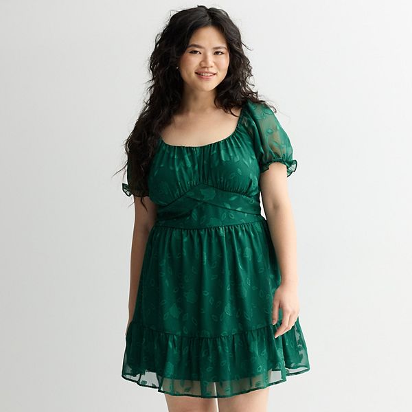 Juniors' Plus Size Mary & Mo Floral Jacquard Chiffon Skater Dress