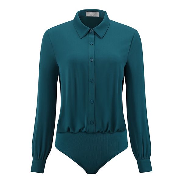 Women's Long Sleeve Bodysuits Work Button Up Shirt Body Suit