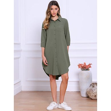 Button Down Shirt Dress for Women's Casual Collar 3/4 Sleeve Shirts Dresses