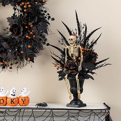 Glitzhome Black Rose, Skeleton and Berry Urn Table Tree, 22"H Halloween ...