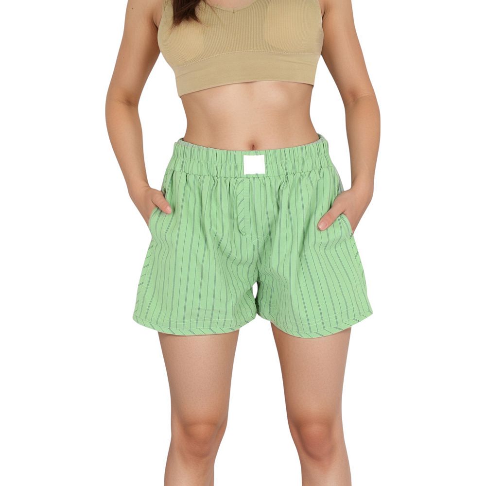 Women's Vertical Stripe Lounge Shorts with Elastic Waistband Faux Fly Front