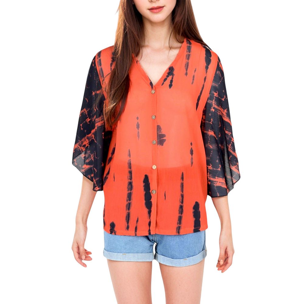Women's Button-Front Tie-Dye Duster Sleeve Blouse