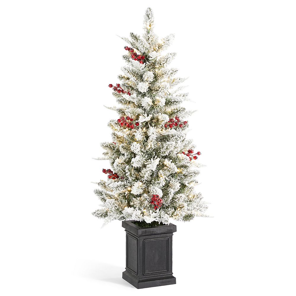 Glitzhome 4ft Pre-Lit Christmas Tree, Flocked Artificial Christmas Porch Tree with Red Berries