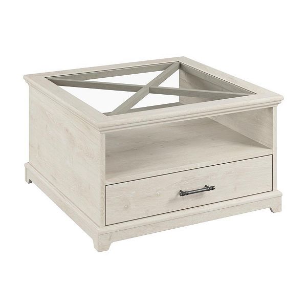 Bush Furniture Farmhouse Glass Coffee Table with Storage in Linen White Oak