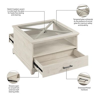 Bush Furniture Farmhouse Glass Coffee Table with Storage in Linen White Oak