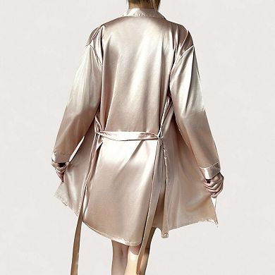 Women's Satin Short Robe with Matching Slip Lingerie Set and Waist Tie ...