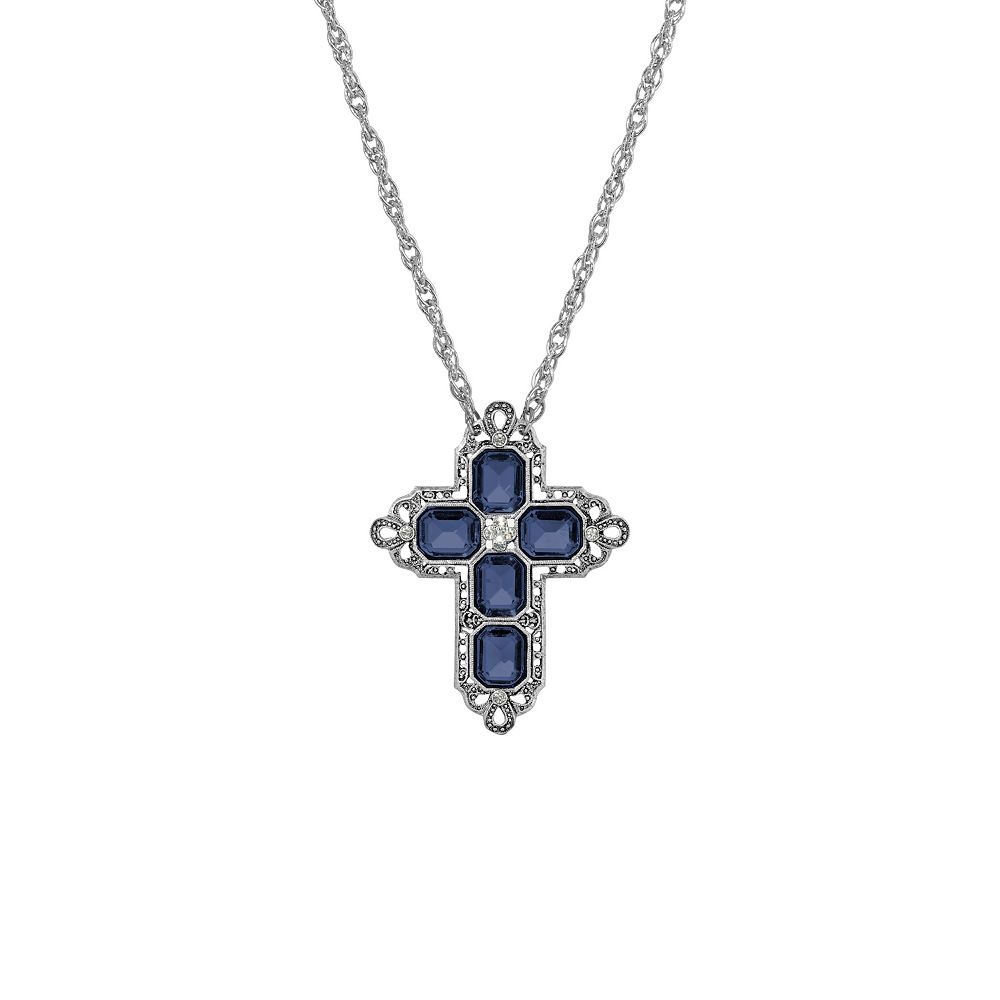 Symbols of Faith Silver Tone Crystal Cross Pendant Necklace