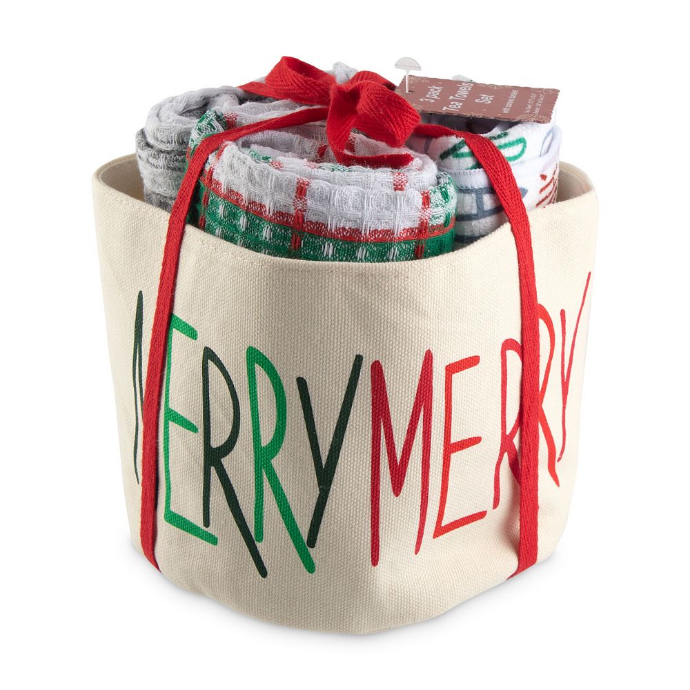 Merry Merry Basket with 3 Tea Towels – Set