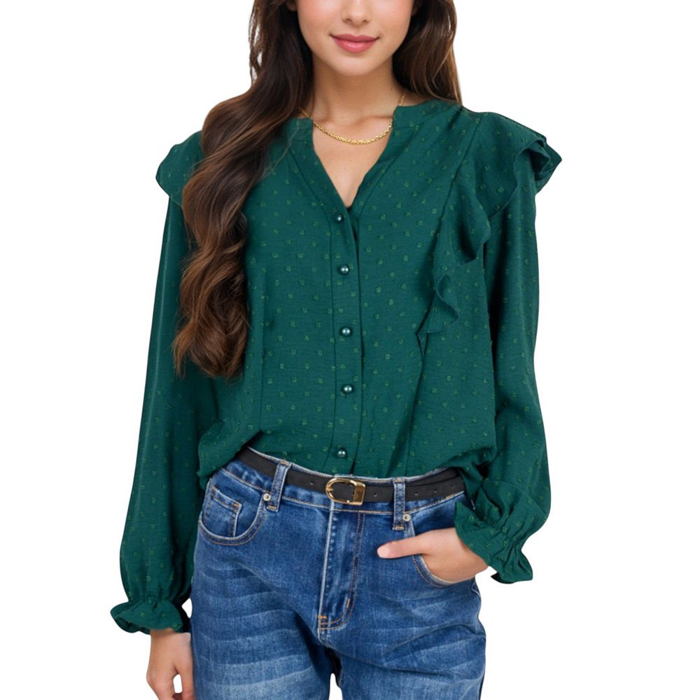 Women's Long Sleeve Ruffled Blouse with Textured Dot Pattern and Button ...