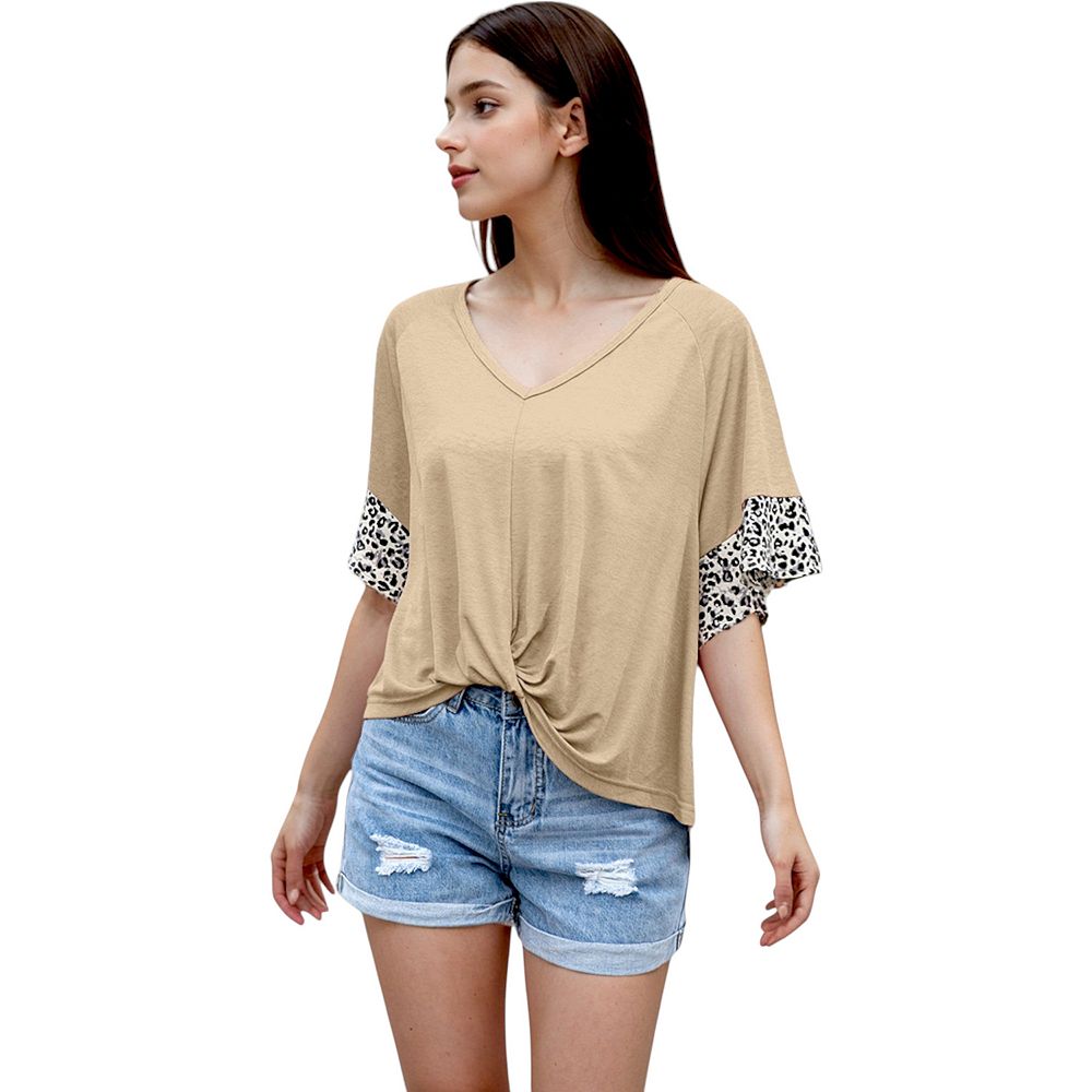 Women's Gathered Front Knot Leopard Back Print Top