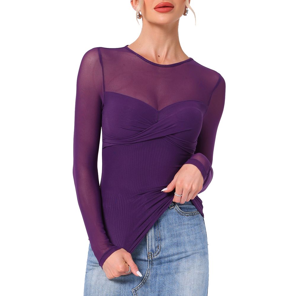 Women's Tops Sheer Mesh Long Sleeve Crew Neck Double Layered Going Out ...