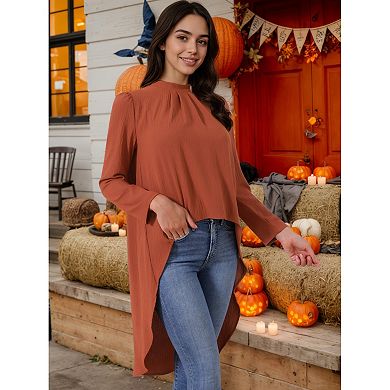 Women's High Low Tops Long Sleeve Back Keyhole Round Neck Asymmetrical ...