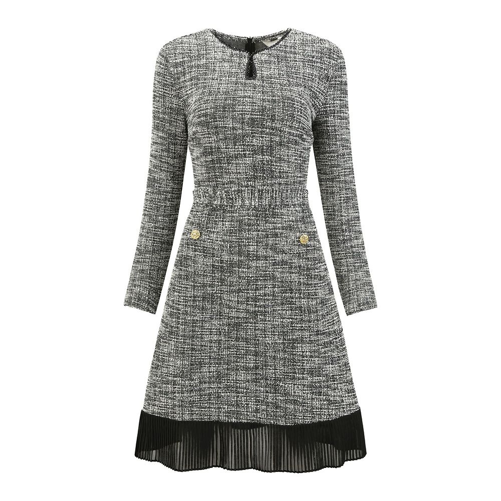 Women's A-Line Tweed Dress Long Sleeve Pleated Hem Belted Elegant Work ...
