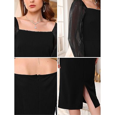 Women's Formal Dress Square Neck Mesh Long Sleeve Evening Cocktail ...