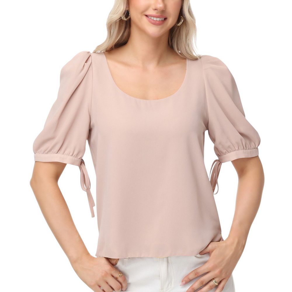 Women's Short Puff Sleeve Blouse with Scoop Neckline and Tie Cuff Detail
