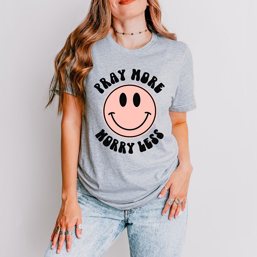 Simply Sage Market Pray More Worry Less Smiley Face Short Sleeve Tee