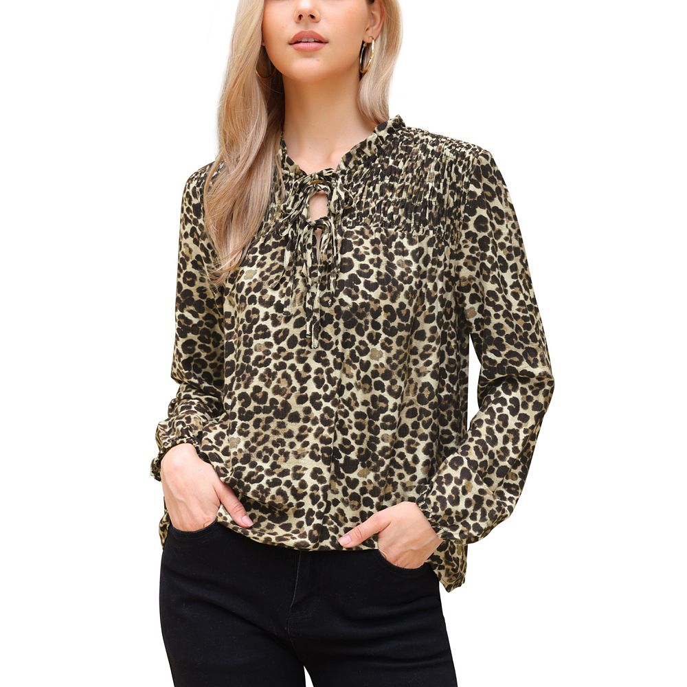 Leopard Print Tops for Women Long Lantern Sleeve Blouses Smocked Tie ...