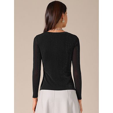 Women's Shiny Glitter Top Sheer Mesh Party Club Long Sleeve Top