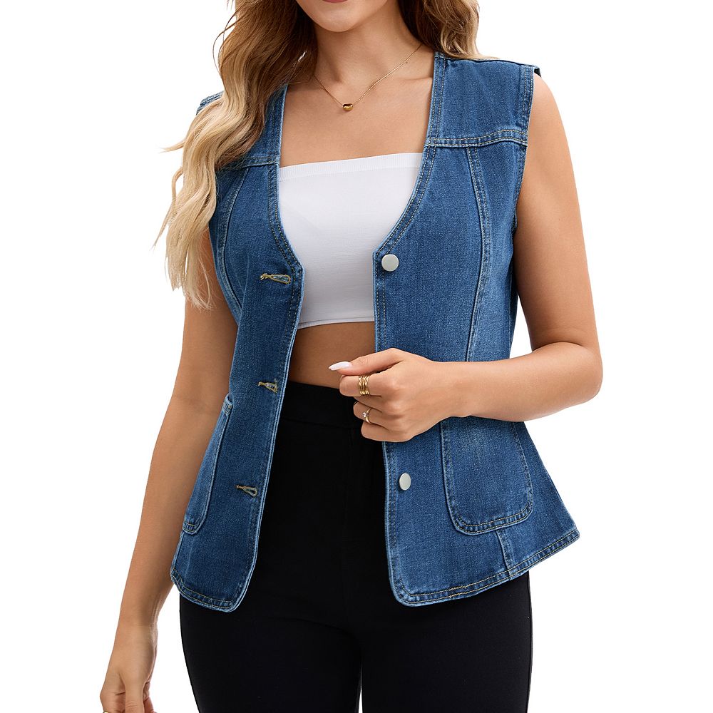 Women's Denim Vest V Neck Patch Pockets Button Down Sleeveless Jean Jacket