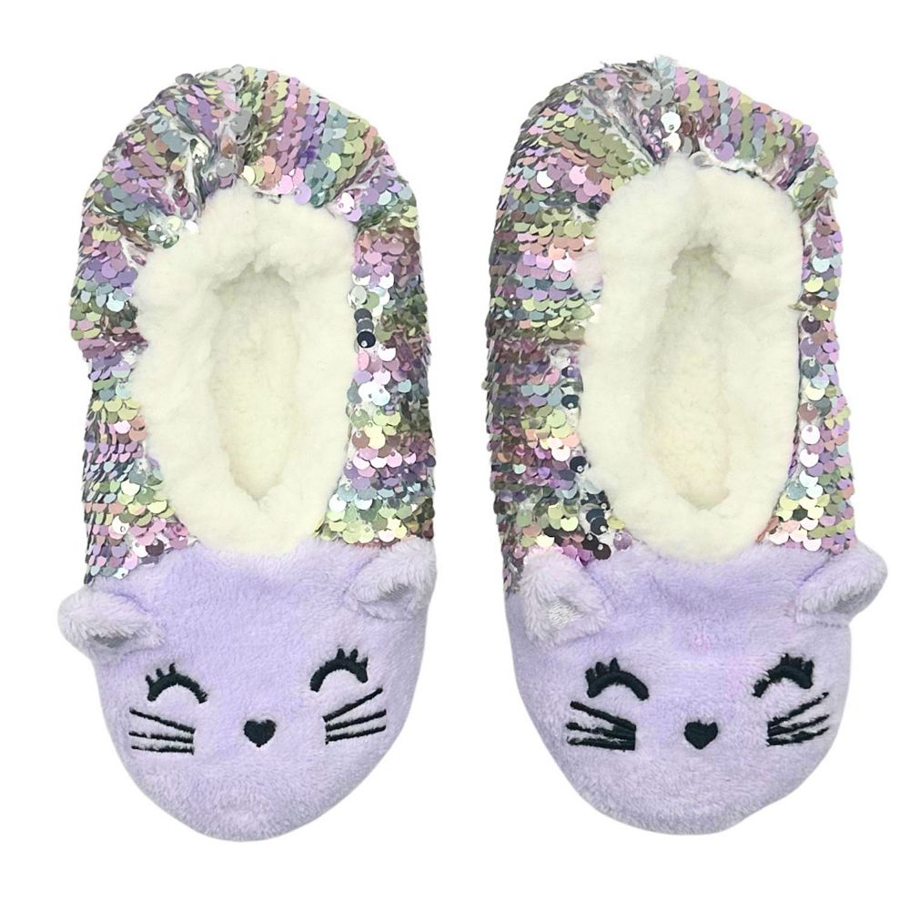 Girls Fuzzy Babba Girls 3D Ear Cat Slipper Socks With Reverse Sequins