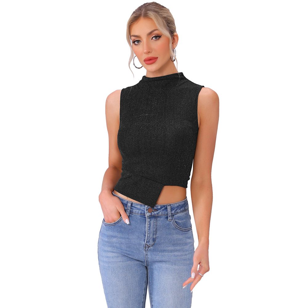 Glitter Tank Top for Women Mock Neck Sleeveless Asymmetrical Hem Blouse