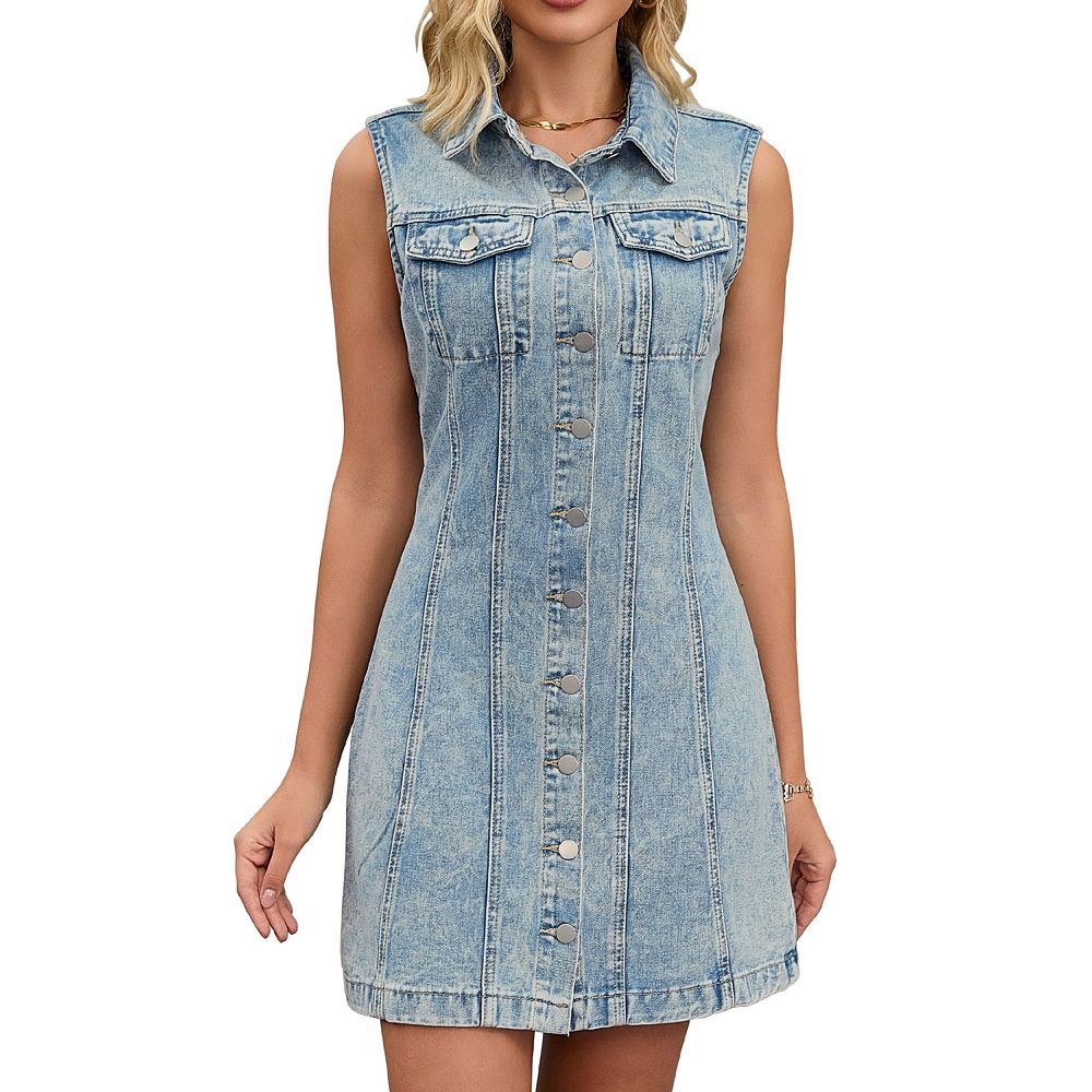 Women's Denim Dress Sleeveless Country Summer Collared Button Down ...
