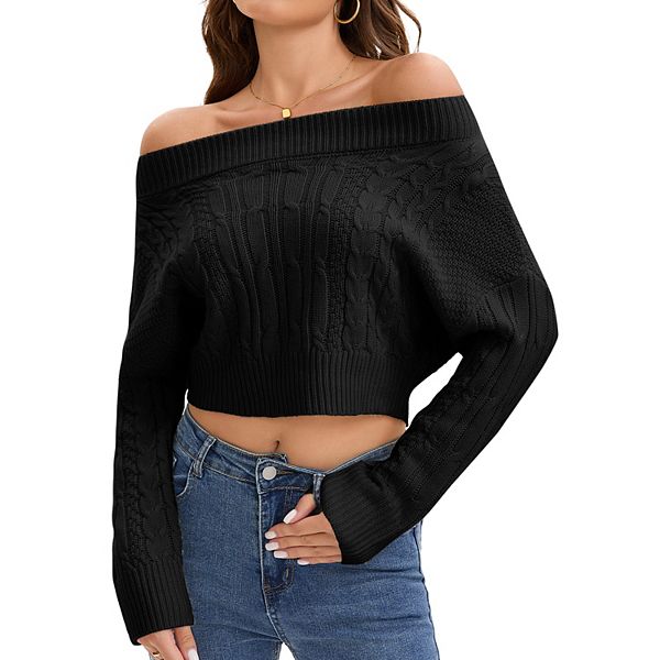 Women Off Shoulder Sweaters Batwing Sleeve Knit Pullover Long Sleeve ...