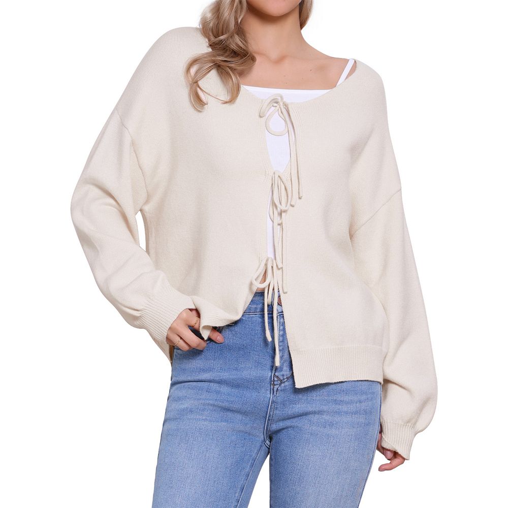 Tie Front Cardigan Sweaters for Women's Open Front Cute Bow Long Sleeve ...