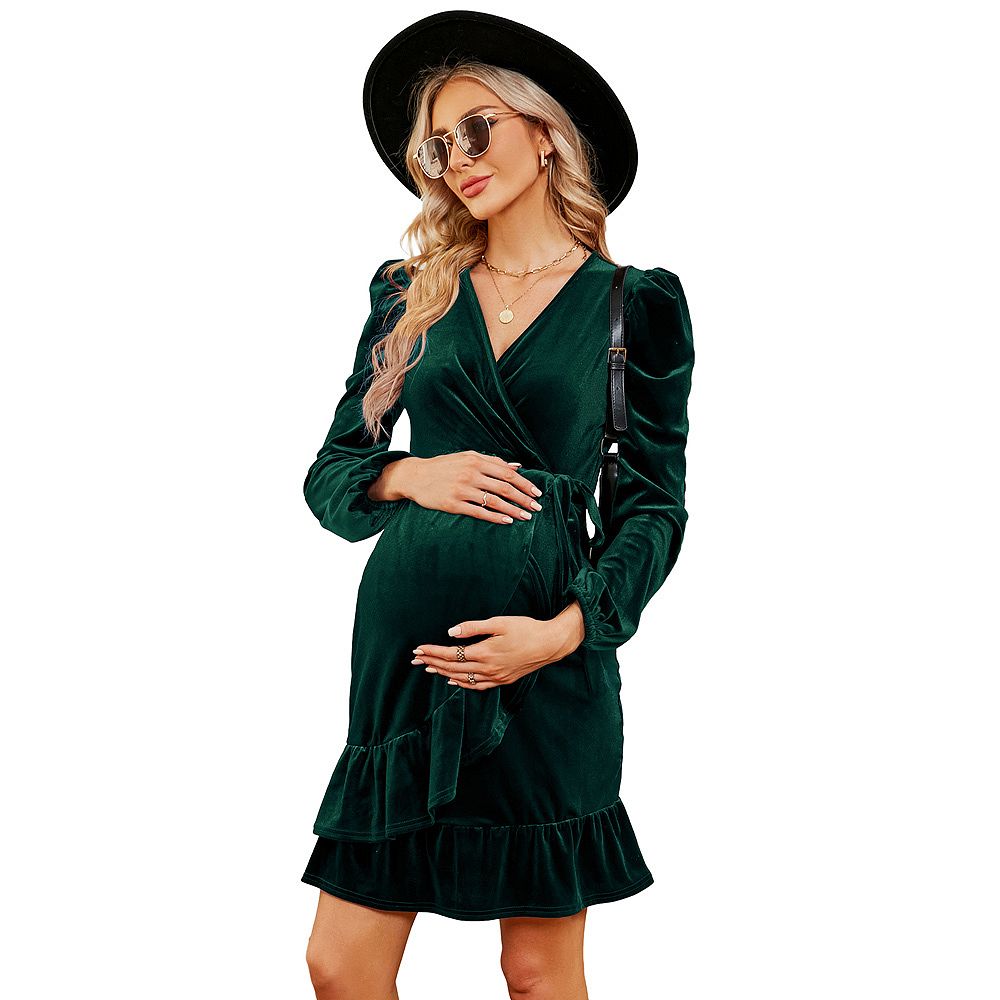 Maternity Velvet Wrap V Neck Puff Long Sleeve Ruffle Belted Midi Dress