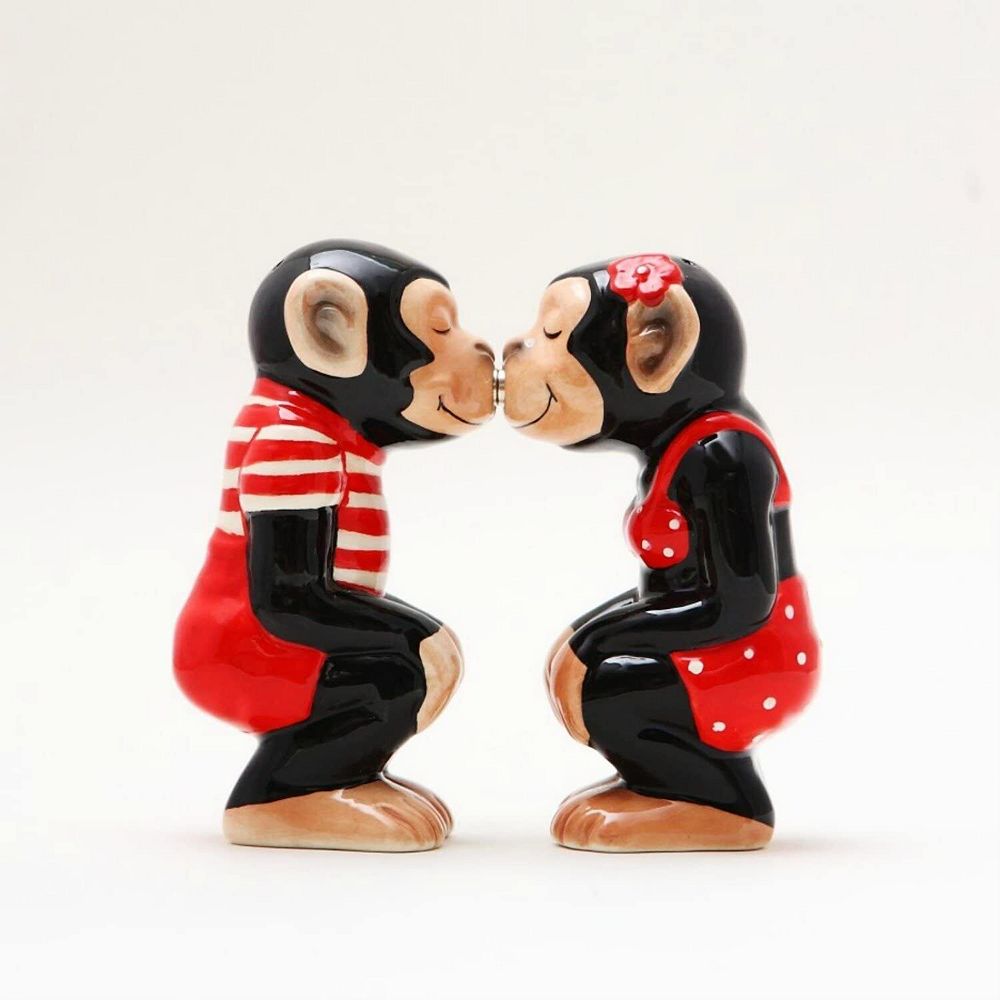 Boy and Girl Chimps Kissing Salt and Pepper Shaker Set