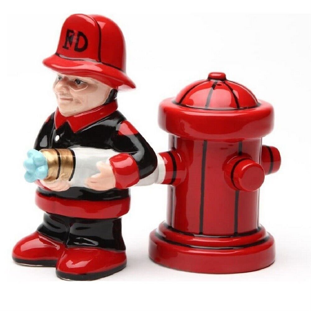 Fireman with Hose and Hydrant 4 Inch Ceramic Magnetic Salt and Pepper ...