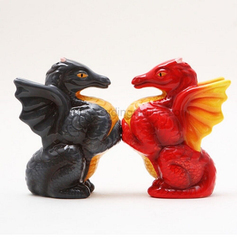 Black and Red Dragons Ceramic Magnetic Salt and Pepper Shakers