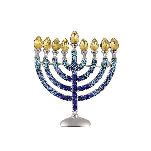 Silver Tone Simulated Stone Menorah Pin