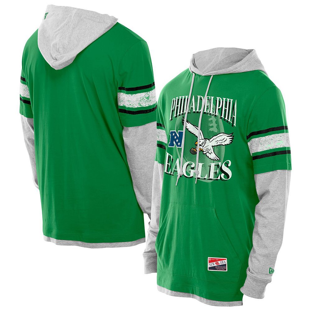 Men's New Era Kelly Green Philadelphia Eagles Twofer Layered Long Sleeve Hoodie T-Shirt