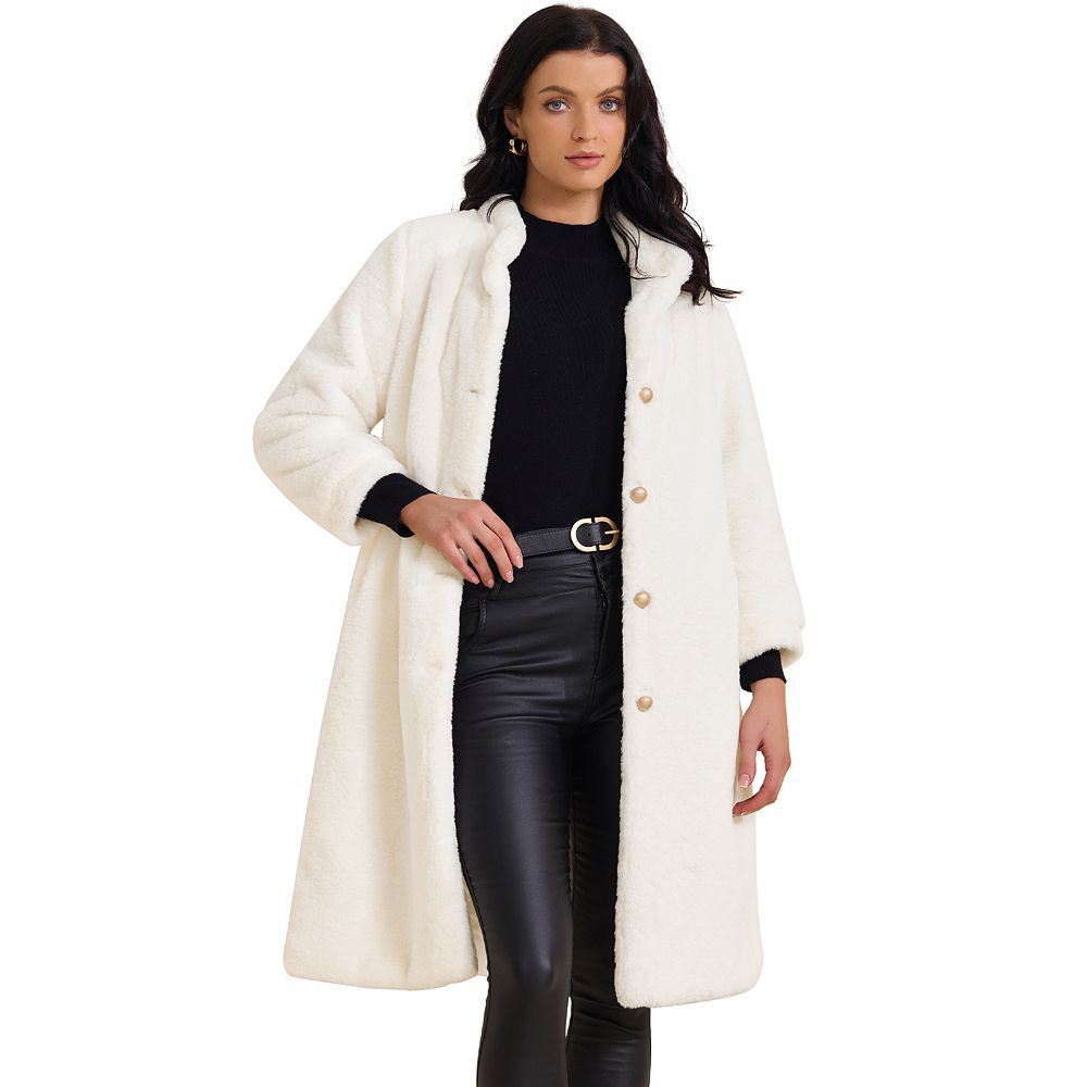 Women's Faux Fur Long Coat Button Down Long Sleeve Winter Fuzzy Overcoat