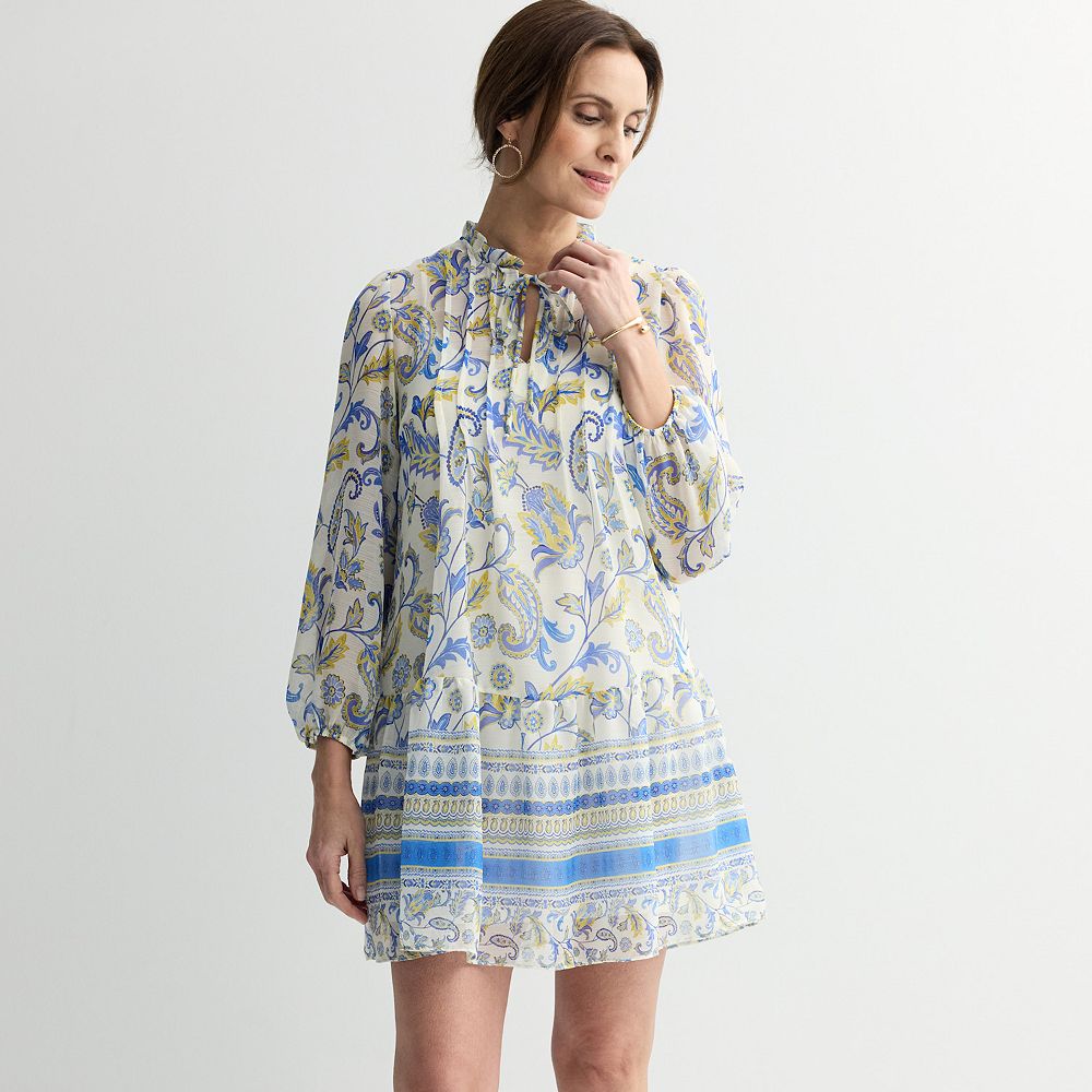 Women's Donna Ricco Long Sleeve Short Float Dress with Pleating Details