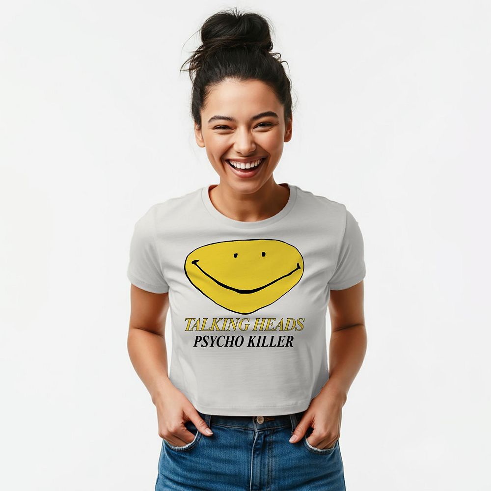Juniors' Talking Heads Psycho Killer Smiley Face Graphic Baby Tee