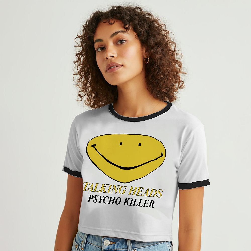Juniors' Talking Heads Psycho Killer Smiley Face Graphic Ringer Baby Tee