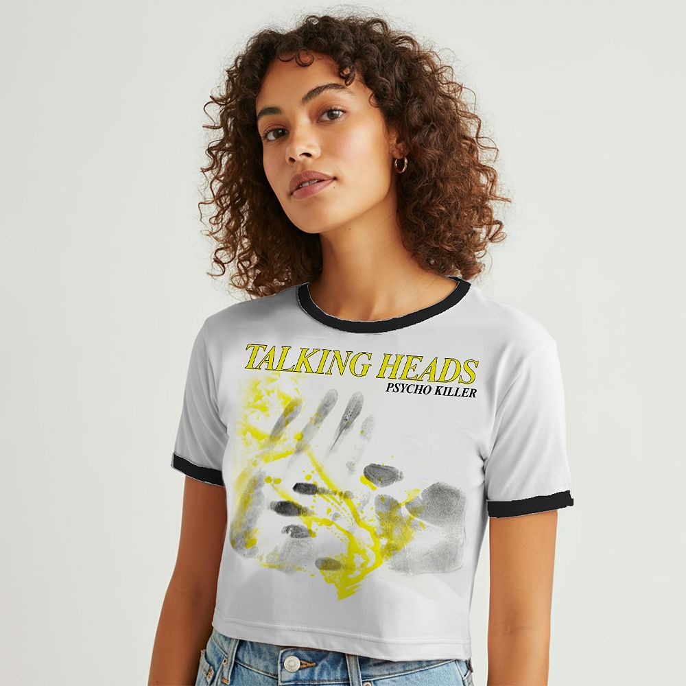 Juniors' Talking Heads Psycho Killer Hand Prints Graphic Ringer Baby Tee