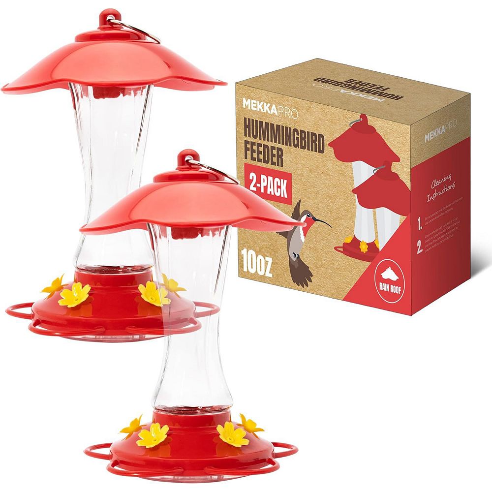 MEKKAPRO 10oz Glass Hummingbird Feeders Red 2pk Bee-Proof