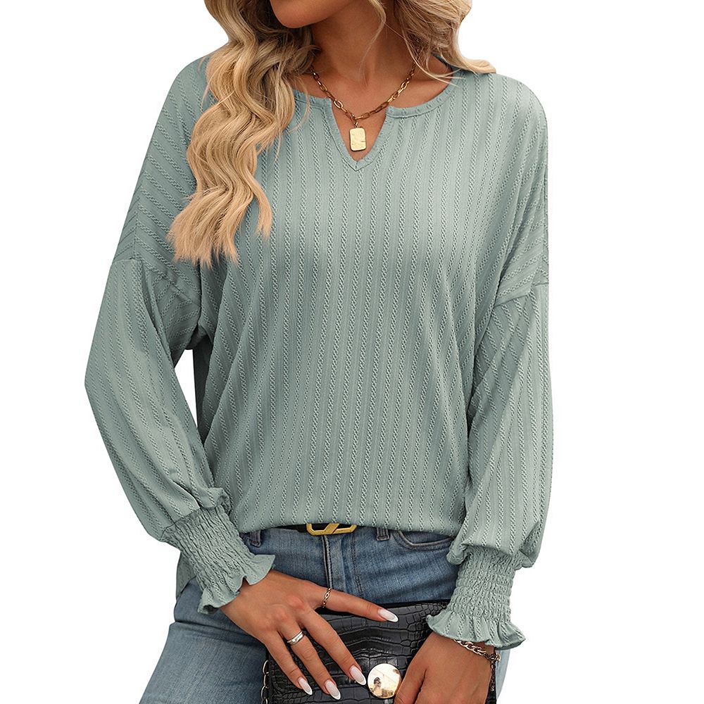 Womens Tops V Neck Smocked Cuff Drop Shoulder Batwing Long Sleeve ...