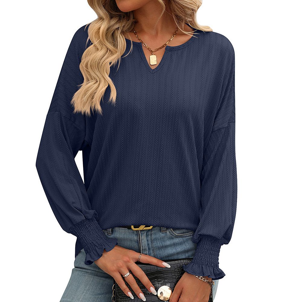 Womens Tops V Neck Smocked Cuff Drop Shoulder Batwing Long Sleeve ...