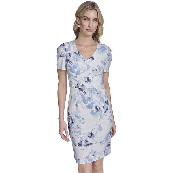 Women's Andrew Marc Pleated Puff Sleeve V-Neck Printed Sheath Dress