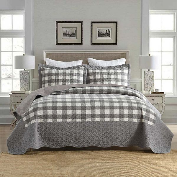 MarCielo 3-Pieces Grey And White Checkered Pattern Quilted Bedspread Set