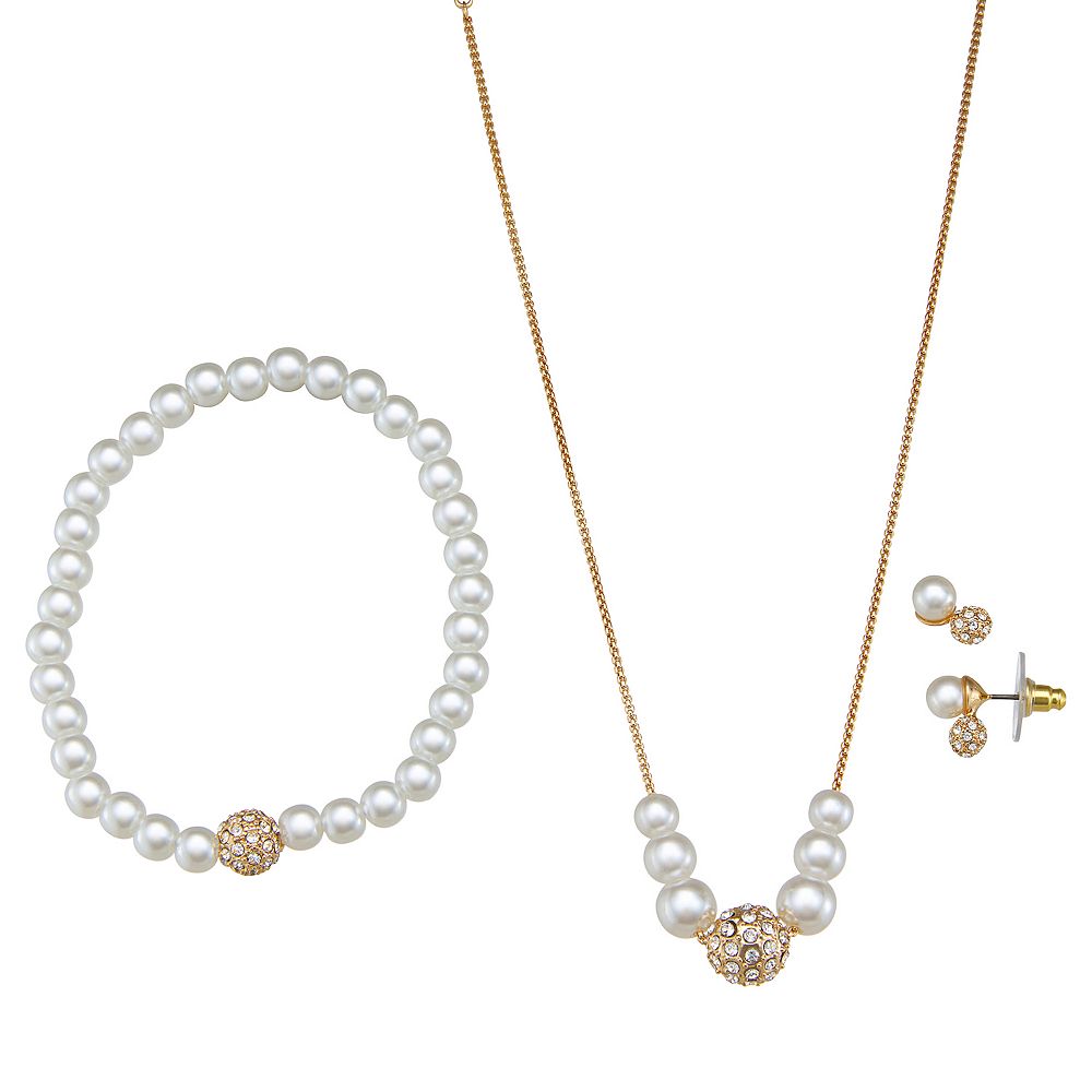 You're Invited 3-Piece Simulated Pearl & Crystal Necklace, Bracelet ...