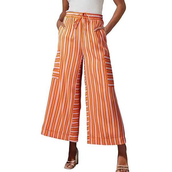 Women Drawstring Striped Loose Wide Leg Lounge Pants Palazzo Striped ...
