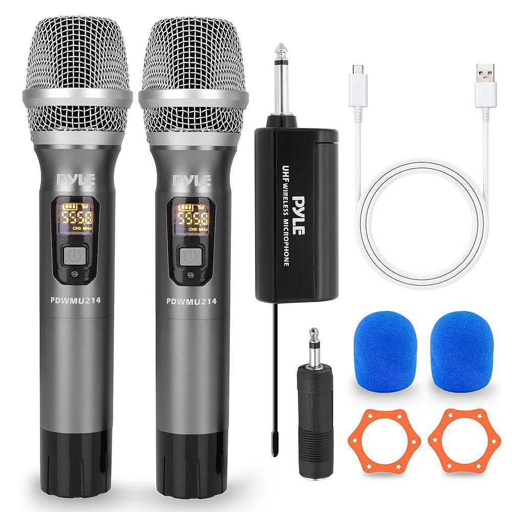 Pyle UHF Wireless Microphone Kit, 2 Handheld Mics, Receiver, Battery ...