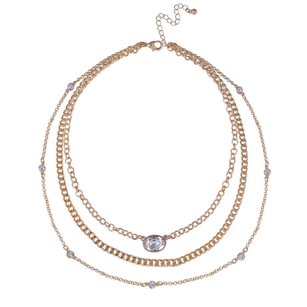 Emberly Gold Tone 3 Row Necklace with Simulated Gemstone Accents