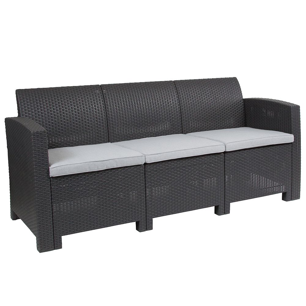 Flash Furniture Faux Rattan Sofa with All-Weather Cushions