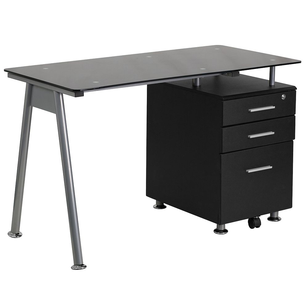 Flash Furniture Computer Desk with Tempered Glass Top and Three Drawer ...